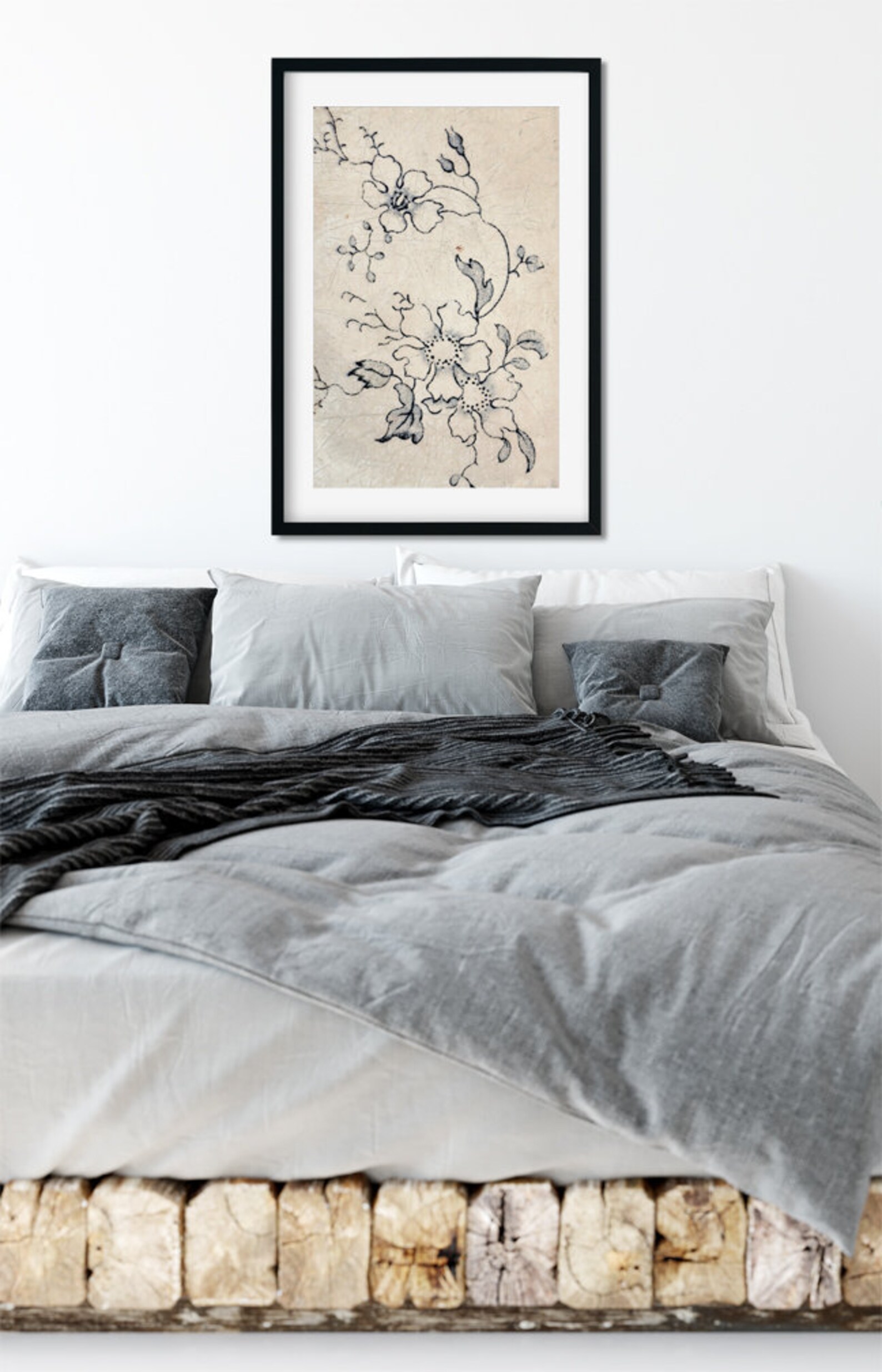 Floral Art Rustic Modern Farmhouse Blue Wall Decor Vertical | Etsy