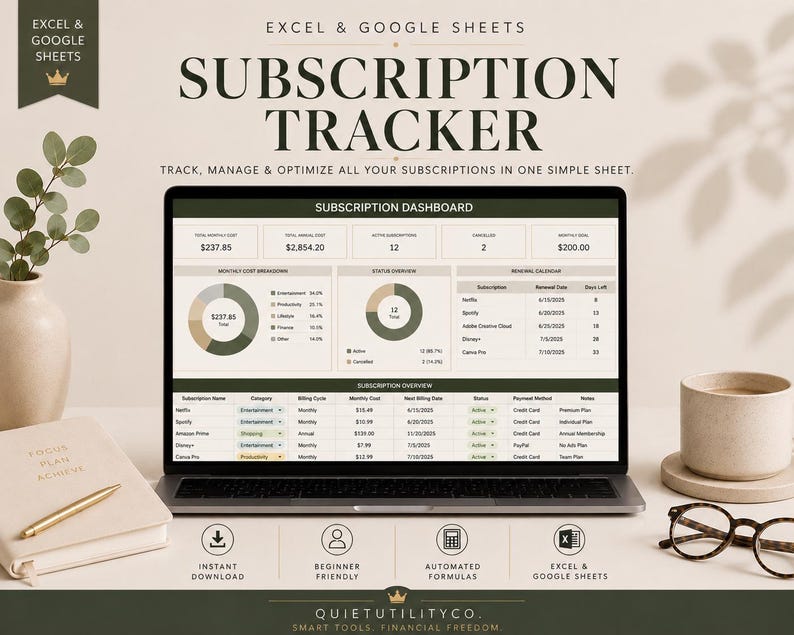 Subscription Tracker Excel Spreadsheet: Monthly Budget, Recurring Bills ...