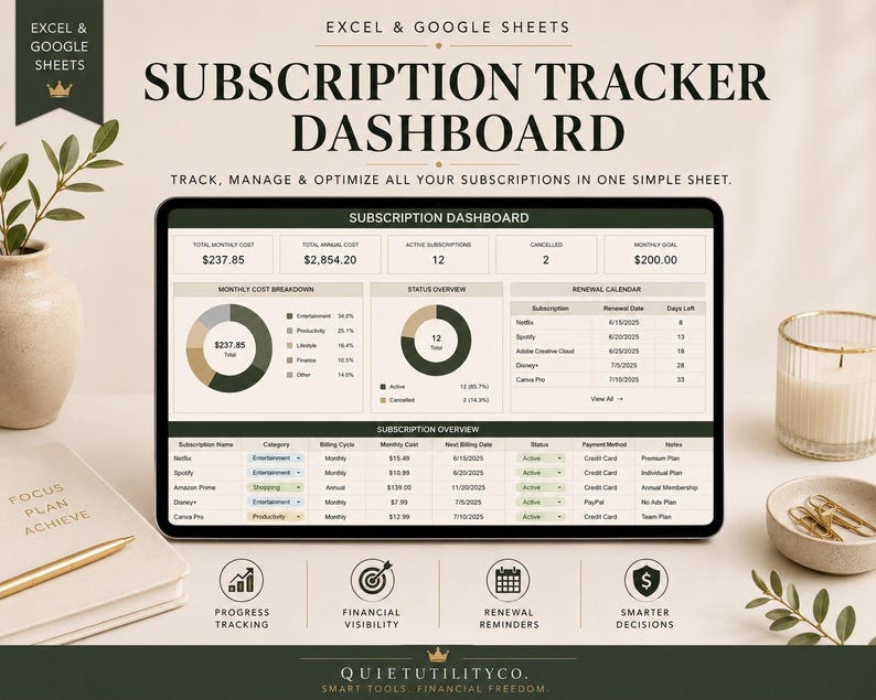 Subscription Tracker Excel Spreadsheet: Monthly Budget, Recurring Bills ...
