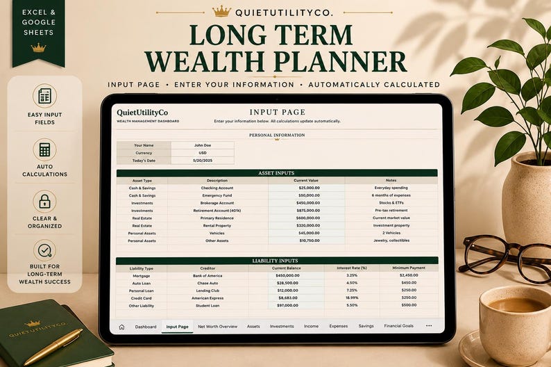 Long Term Wealth Planner Spreadsheet Retirement Planning Net Worth ...