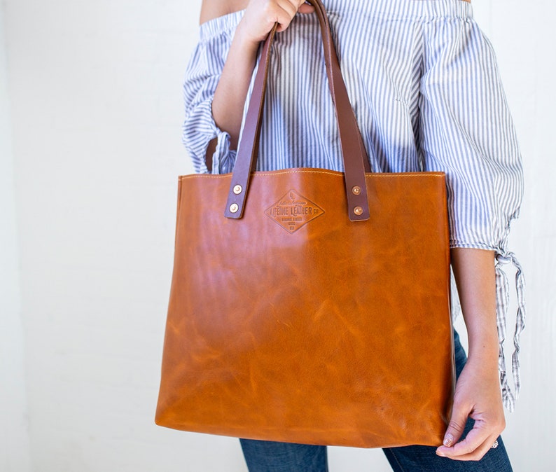 Tan Leather Tote Bag for Women With Optional Front Pocket & | Etsy