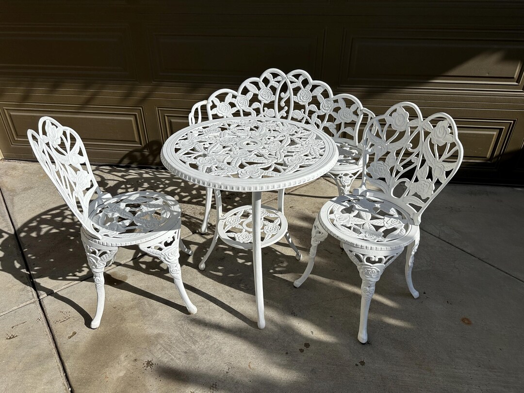 White Cast Iron Rose Pattern 4pc Patio Set & Garden Bench NO Shipping ...