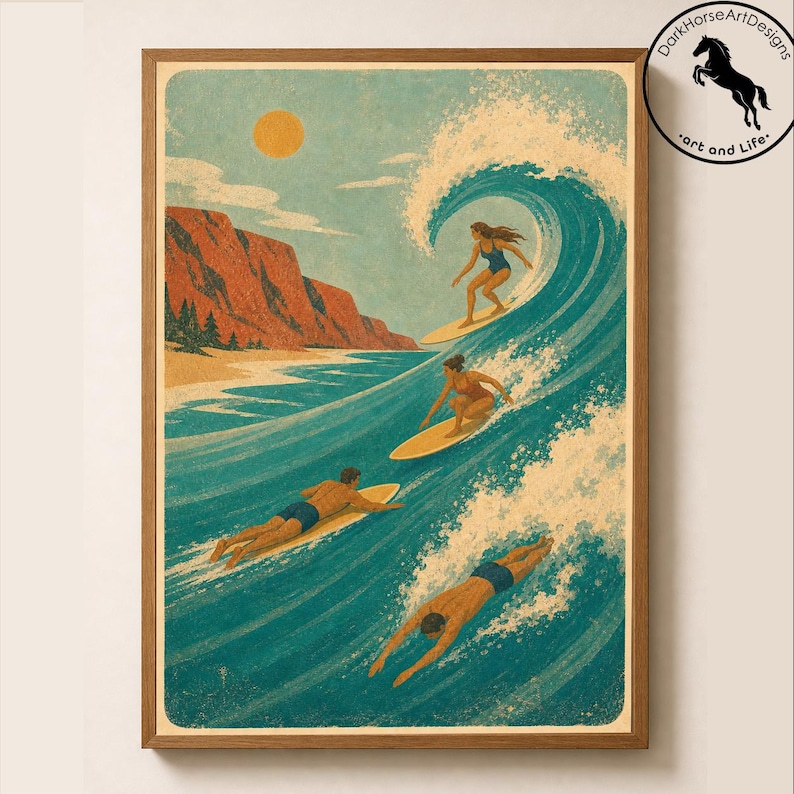 Vintage Surfing Print | Retro Beach Wall Art, Teak or Black Frame ...