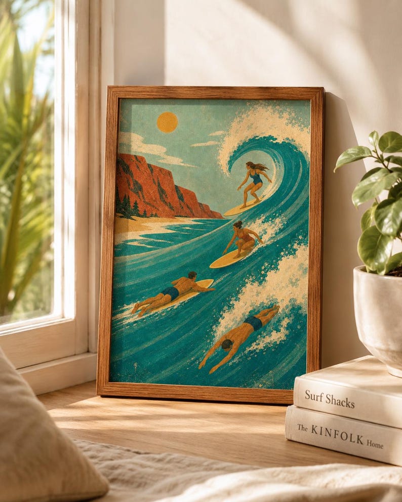 Vintage Surfing Print | Retro Beach Wall Art, Teak or Black Frame ...