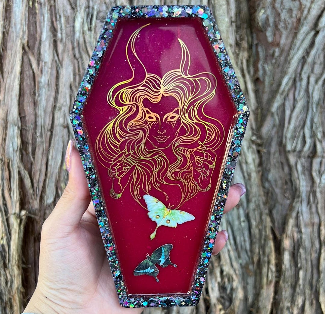 Red Horned Goddess Moths - Large Resin Coffin Trinket Jewelry Tray ...