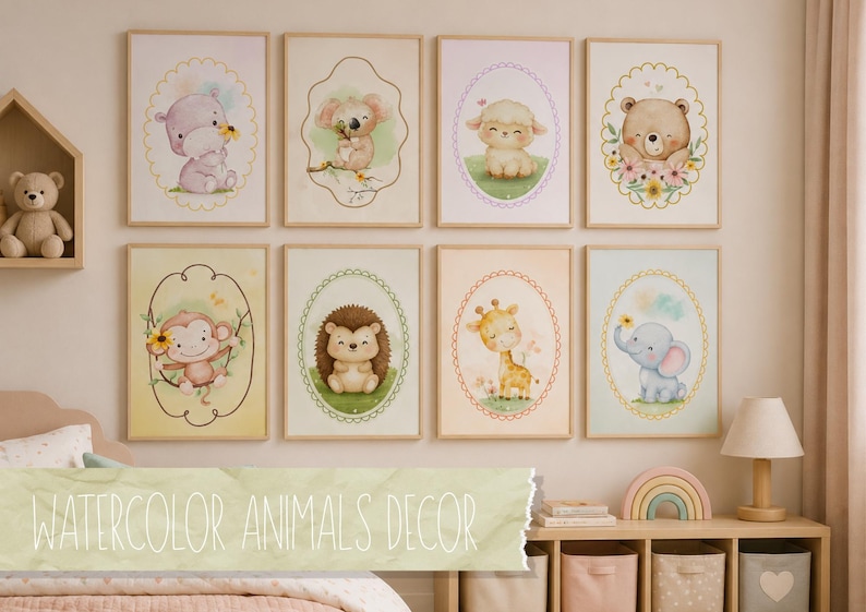 Watercolor Baby Animals Nursery Prints | Pack of 8 Digital Children's ...