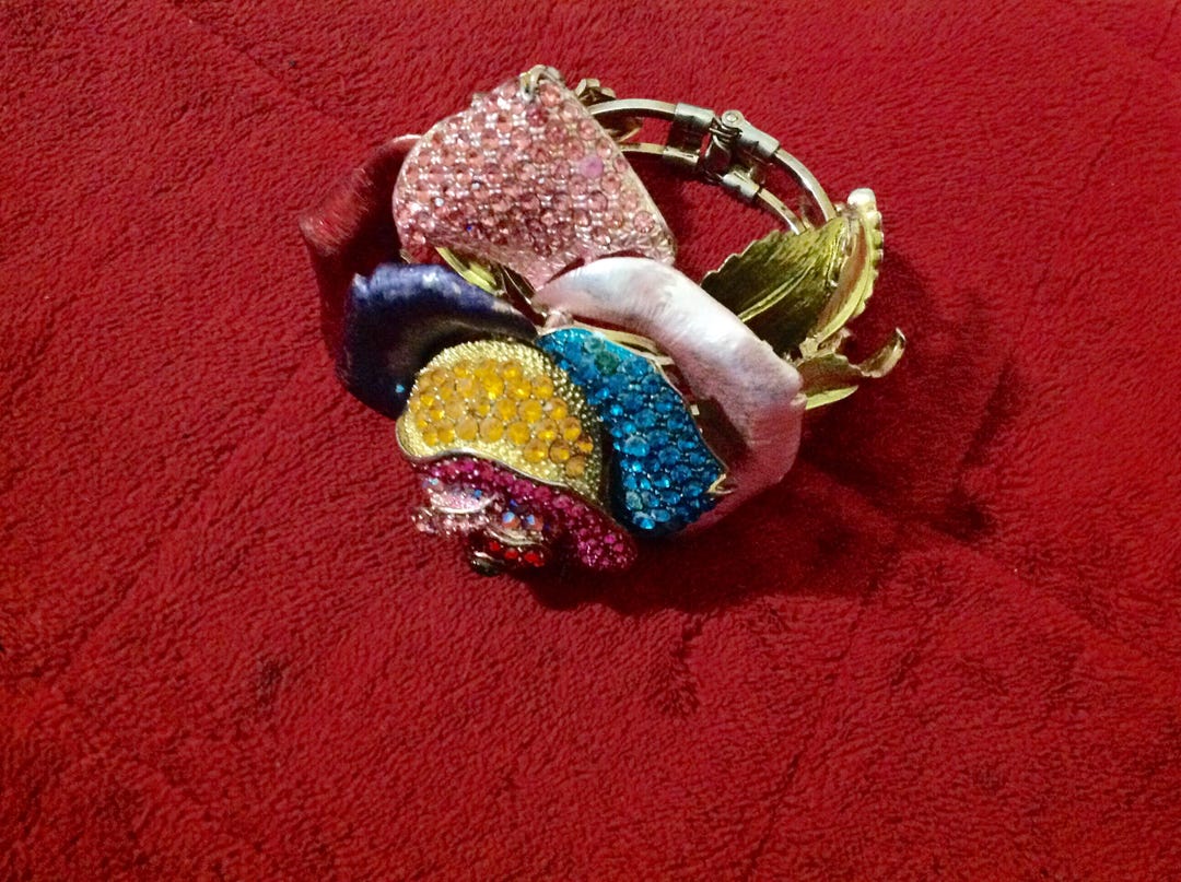 Large Vintage Hinged 3D Flower Rhinestones Couture Cuff Bangle Clapper ...