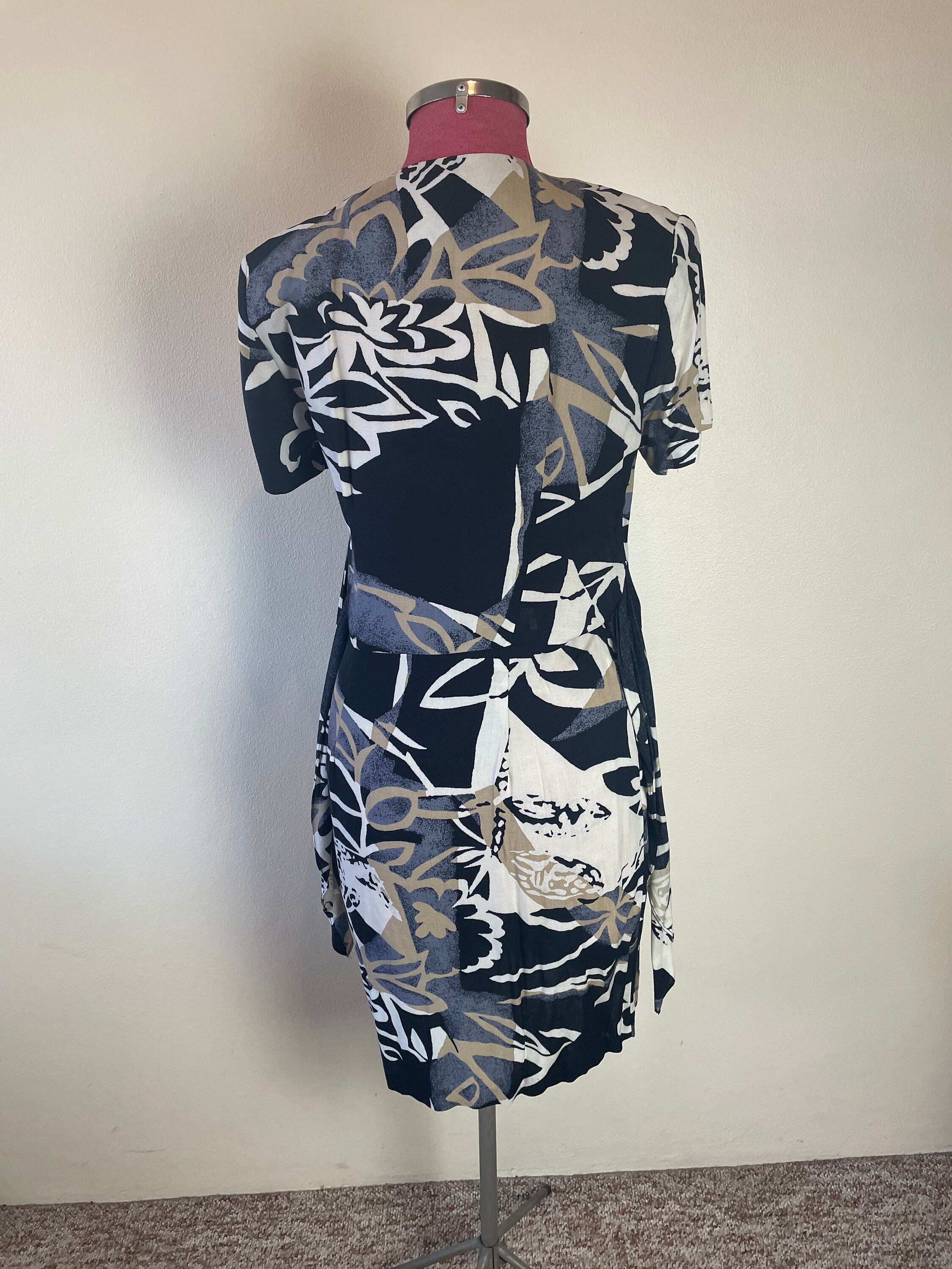 Funky 80s Dress With Loud Print, Asymmetrical Front, Buttons and ...