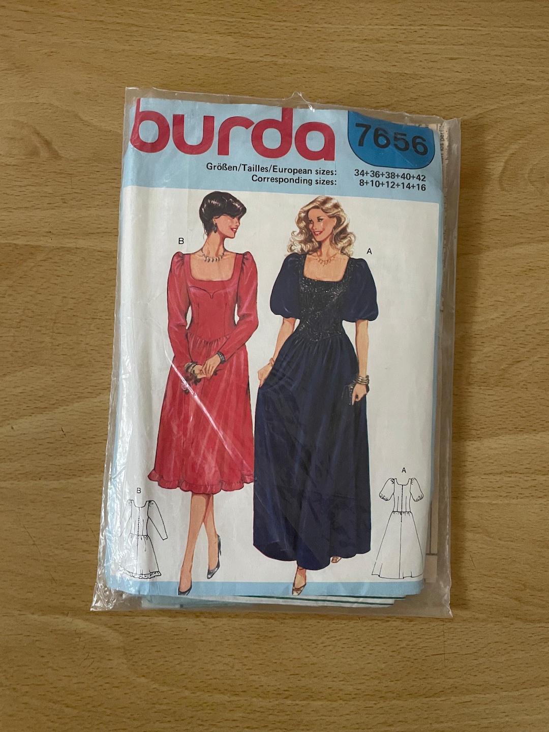 Burda 7656 Vintage 80s Fitted Dress With Low Neckline, Puffy Sleeves ...