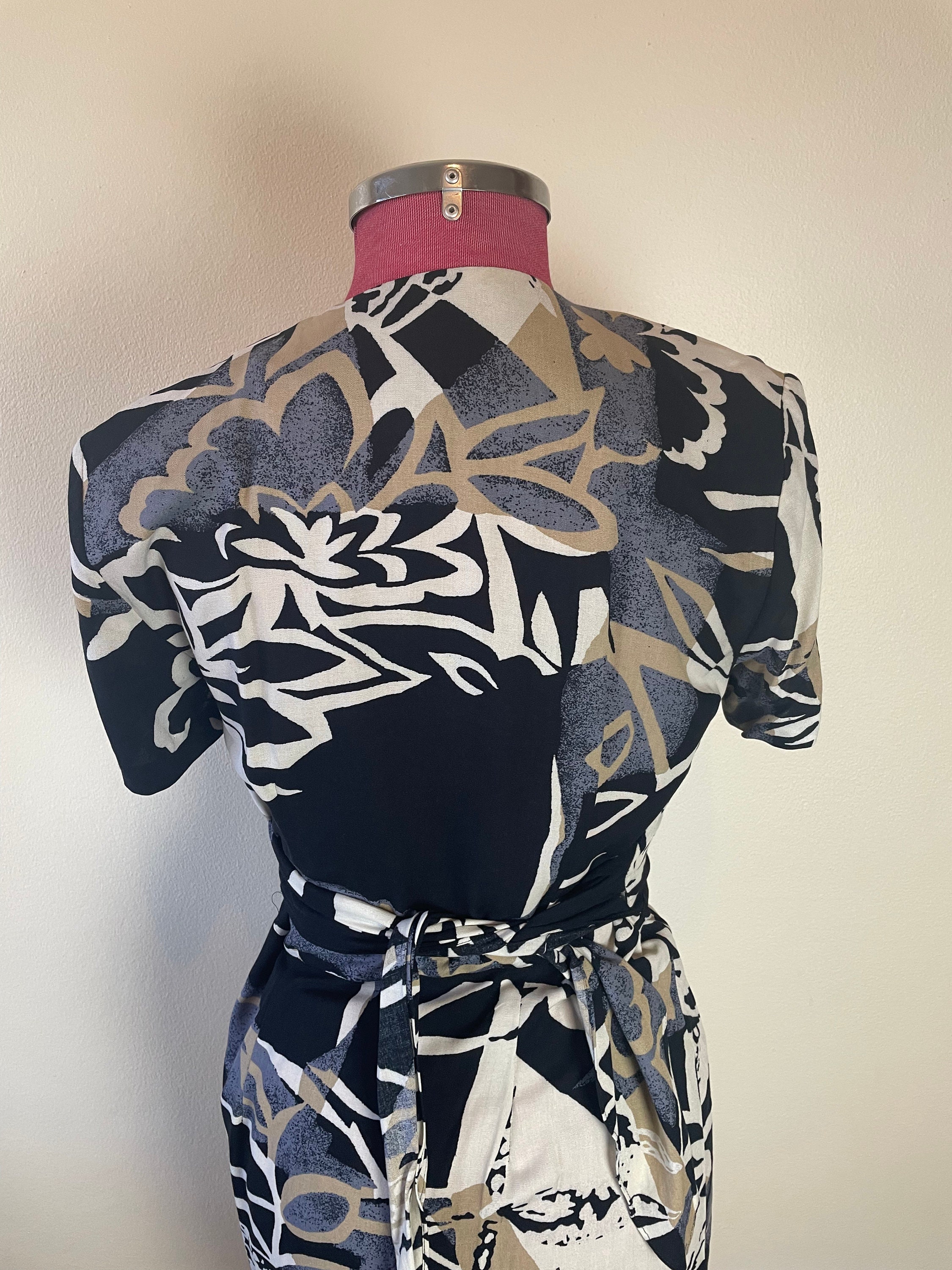 Funky 80s Dress With Loud Print, Asymmetrical Front, Buttons and ...
