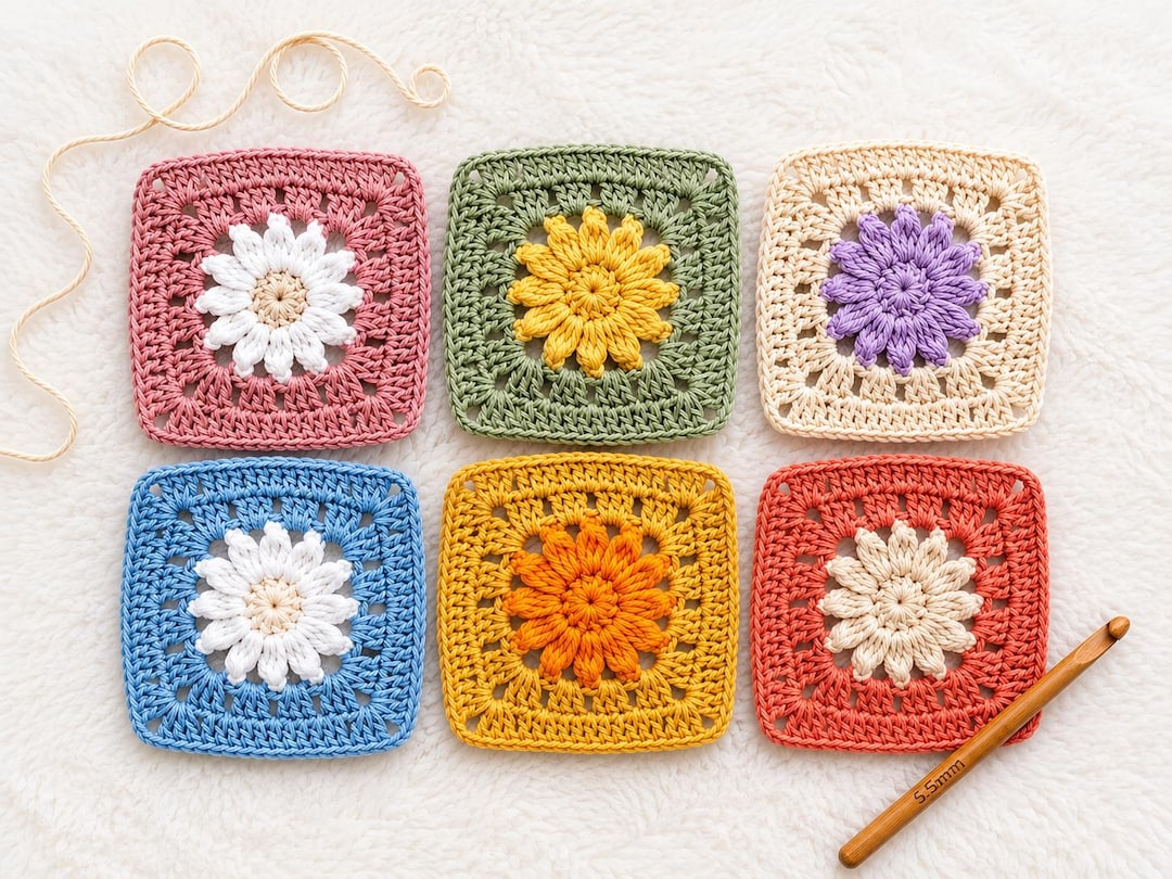 Granny Square Crochet Pattern PDF, Daisy Flower Motif, Beginner Blanket ...