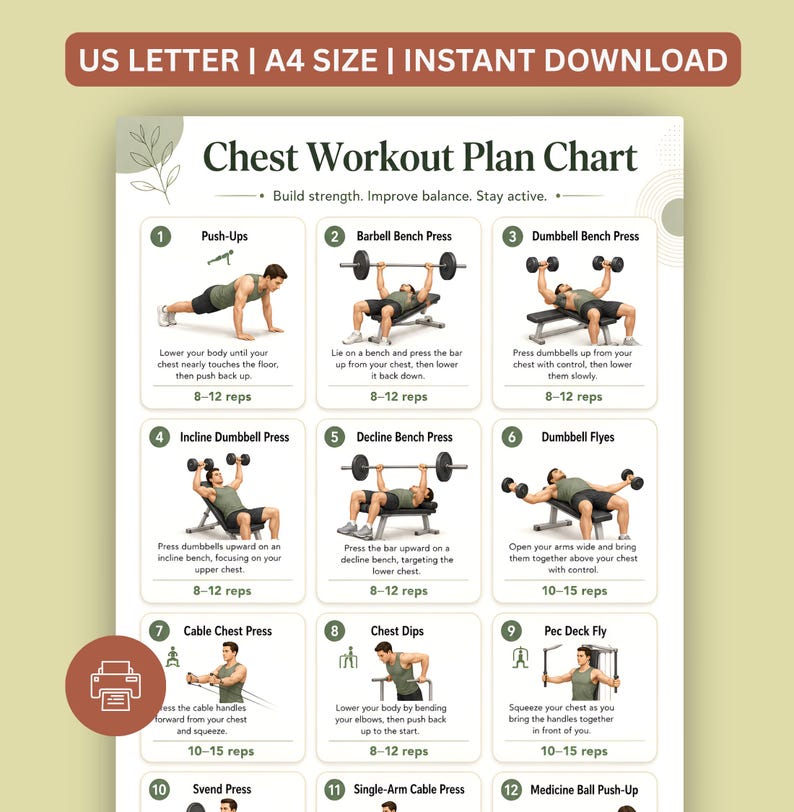Chest Workout Plan Chart, Strength Training Poster (digital Download ...