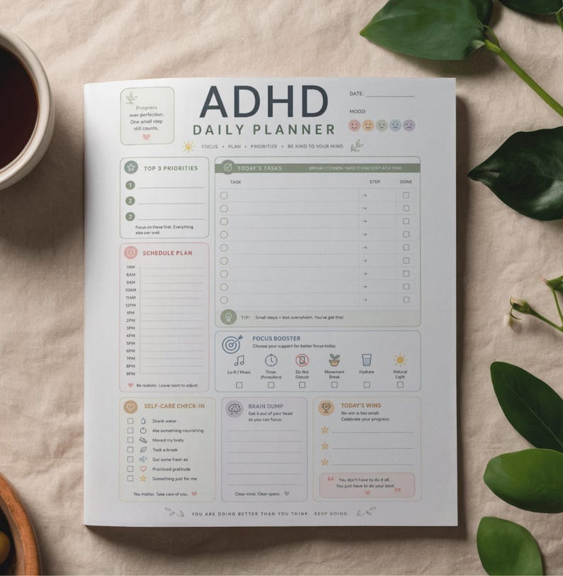 ADHD Daily Planner Printable, Neurodivergent Productivity Schedule ...