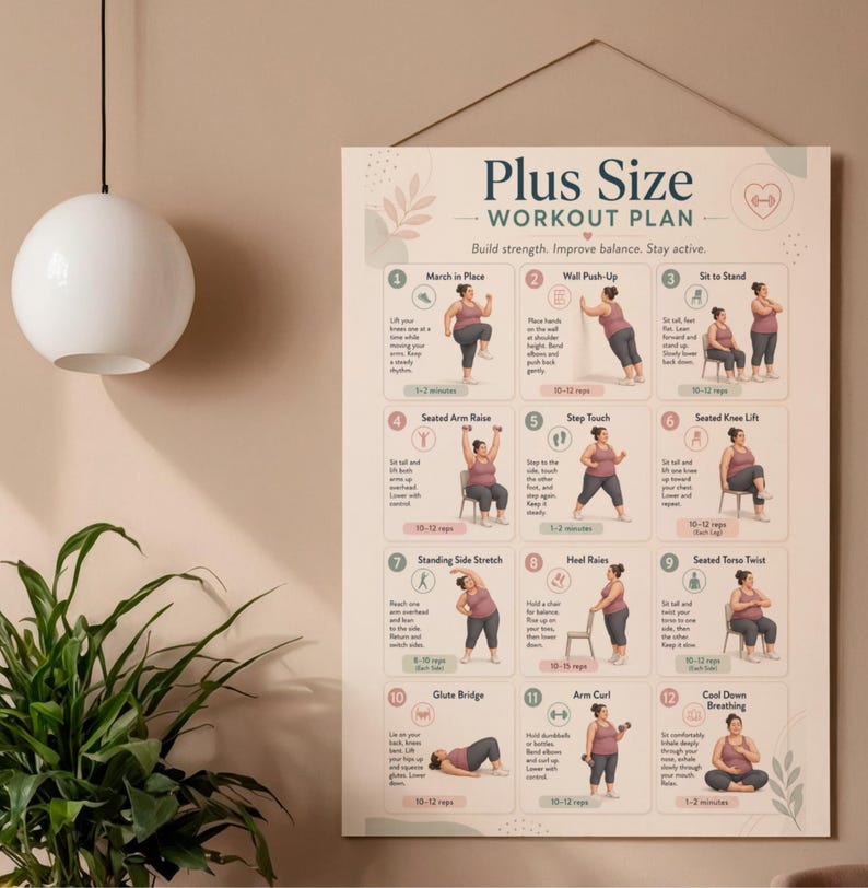 Plus Size Workout Plan, Beginner Low Impact Fitness Poster (digital ...