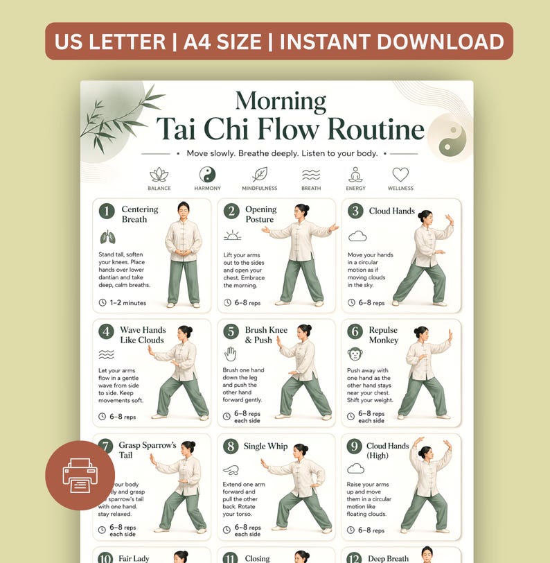 Morning Tai Chi Flow Routine Poster, Daily Wellness Workout Chart (PDF ...