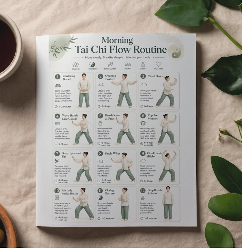 Morning Tai Chi Flow Routine Poster, Daily Wellness Workout Chart (PDF ...