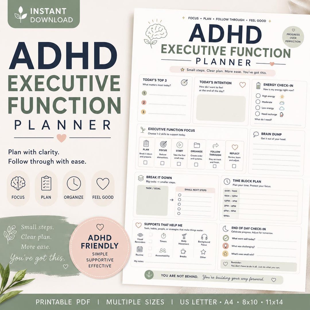 ADHD Executive Function Planner | Daily Productivity Worksheet ...