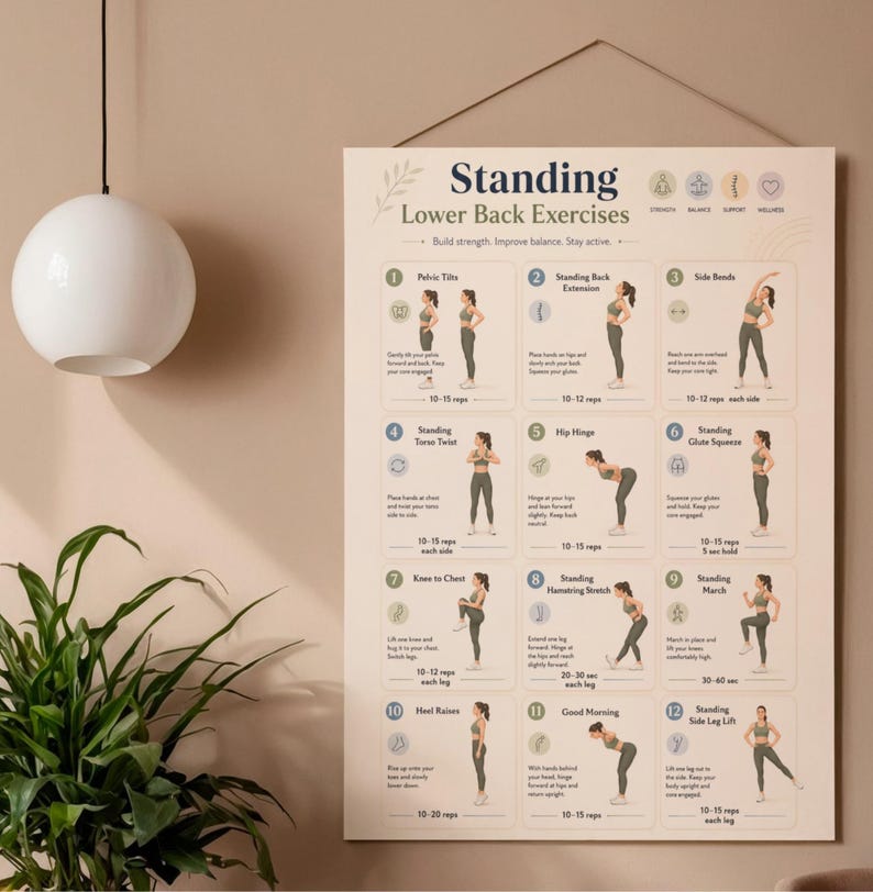 Standing Lower Back Exercises Poster, Rehab Workout Chart (digital ...