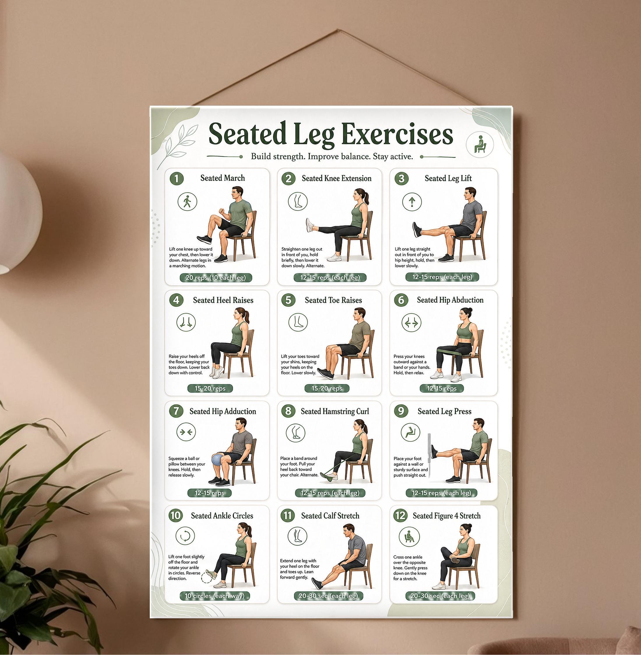Seated Leg Exercises Printable PDF, Chair Workout Chart for Seniors ...