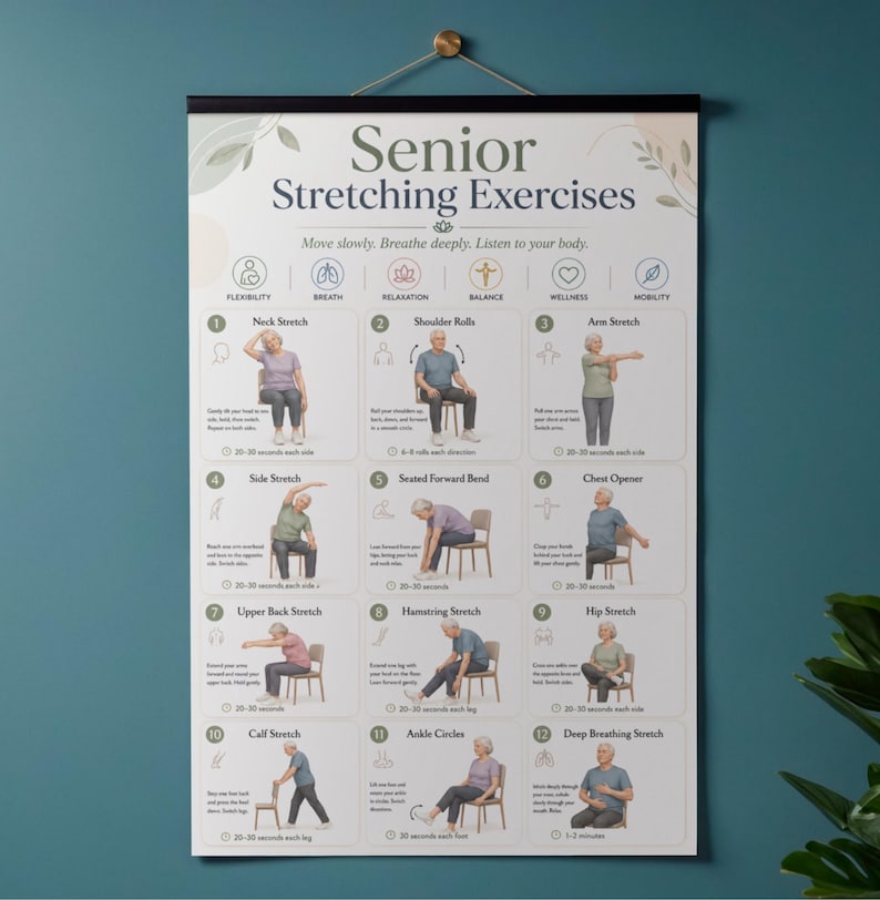 Senior Stretching Exercises Poster, Chair Workout Chart, Gentle ...