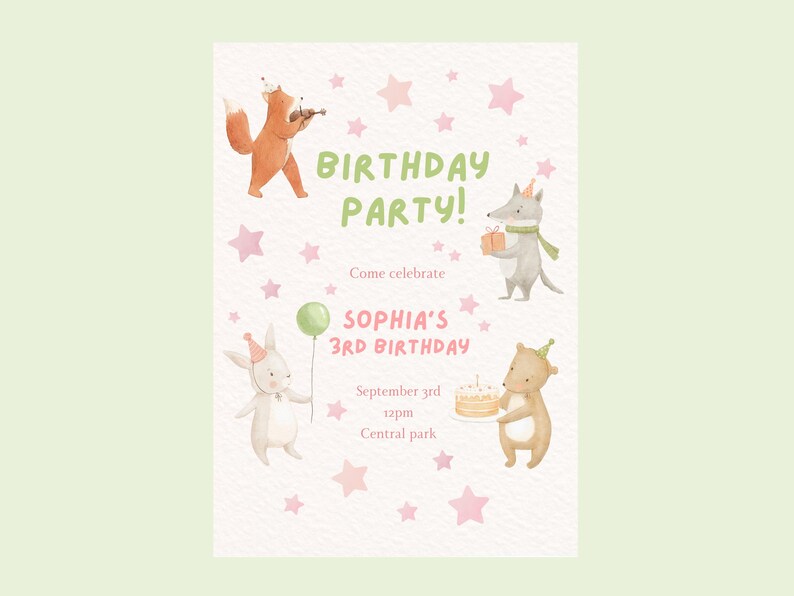 Watercolor Animals Birthday Invitation Template (digital Download) - Etsy