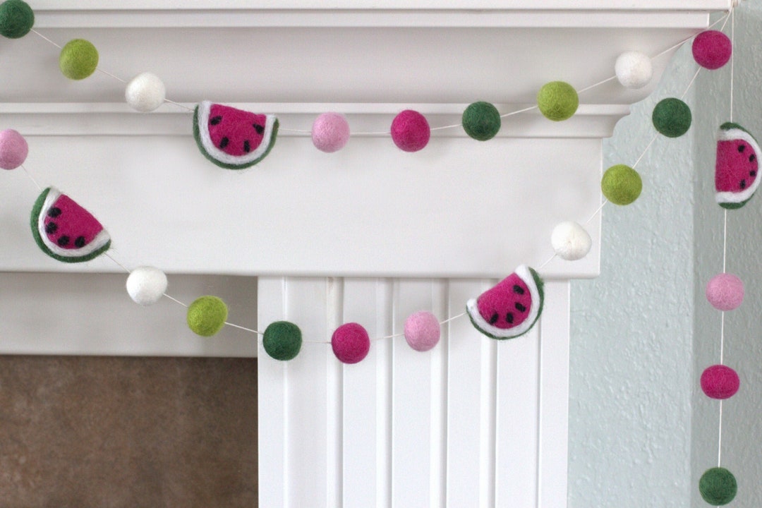 Pink Watermelon Home Decor Garland- 1" Felt Balls, 2" Watermelon- Pink ...