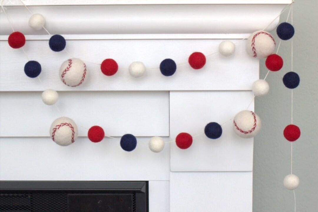 Baseball Garland Decor- 1" Felt Balls 1.75" Baseballs- Red White Blue ...