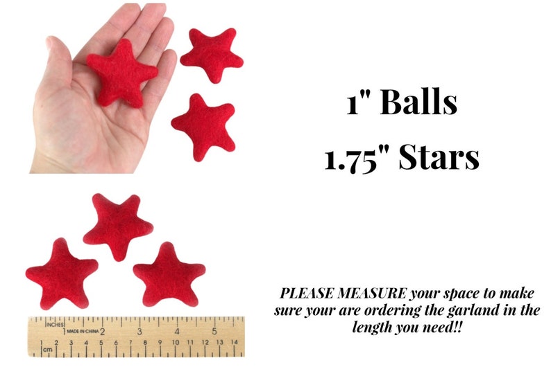 Black Gray Felt Ball & Star Garland- 1" Felt Balls, 1.75" Stars- Mantel ...