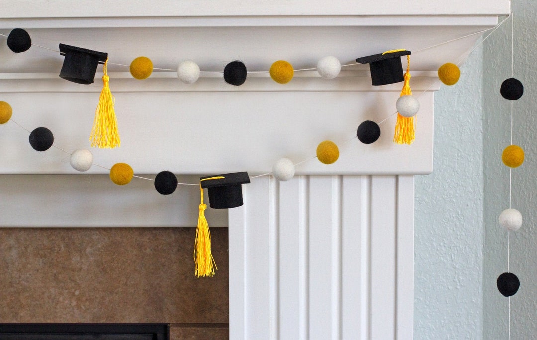 Graduation Cap Felt Garland- 1" Felt Balls, 2" Wide Caps- Black Gold ...