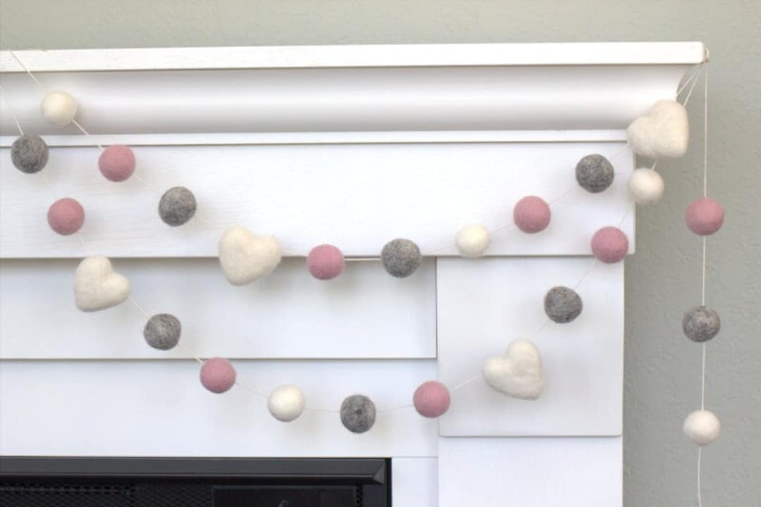Felt Ball & Heart Garland- 1" Felt Balls, 1.75" Hearts- Baby Pink, Gray ...
