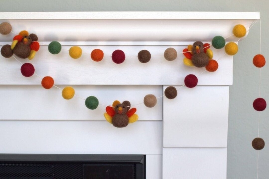 Thanksgiving Garland Felt Ball & Turkey Fall Colors Autumn Harvest Home ...