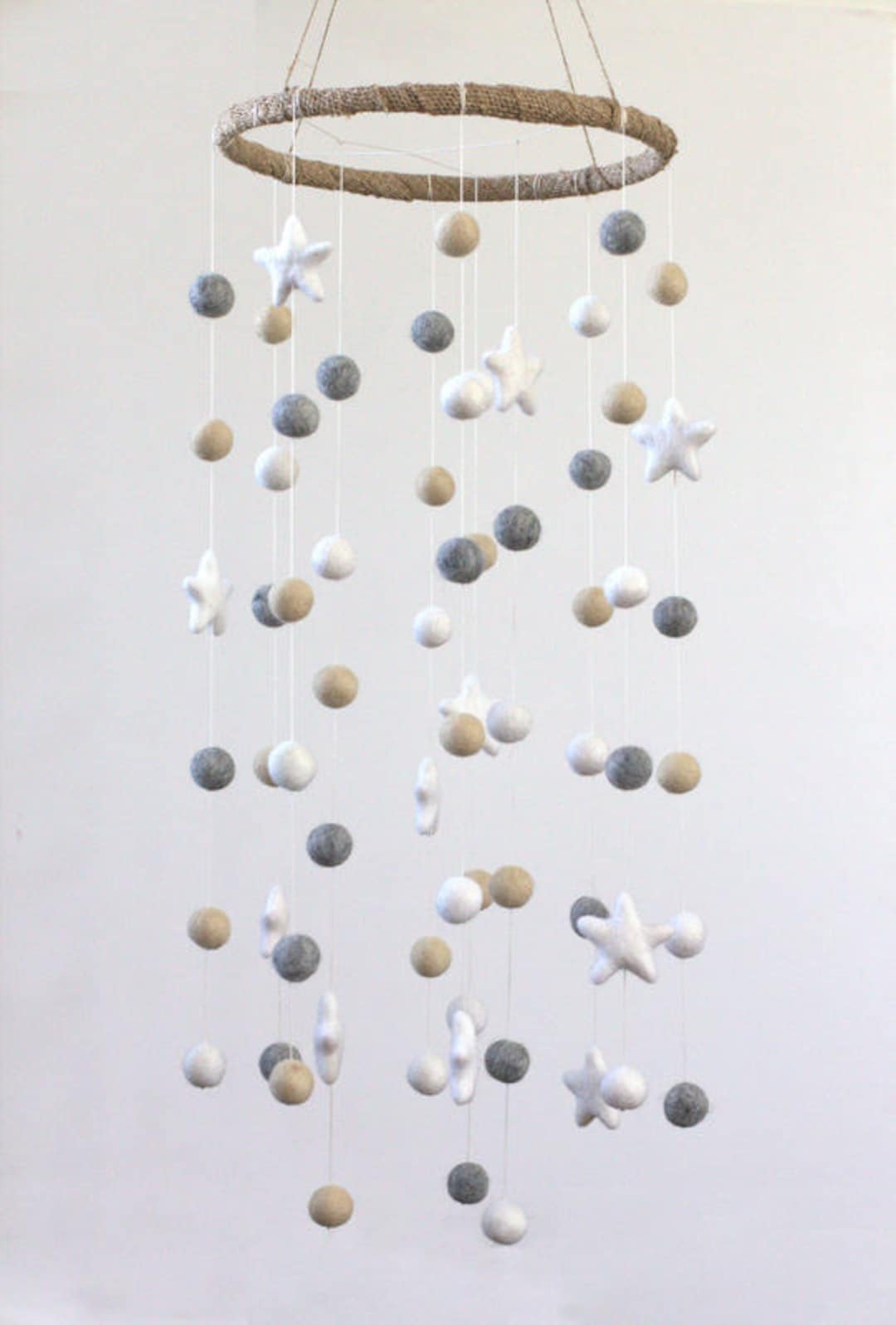 Neutral Nursery Mobile Decor Felt Pom Pom Balls & Stars Almond, Gray ...