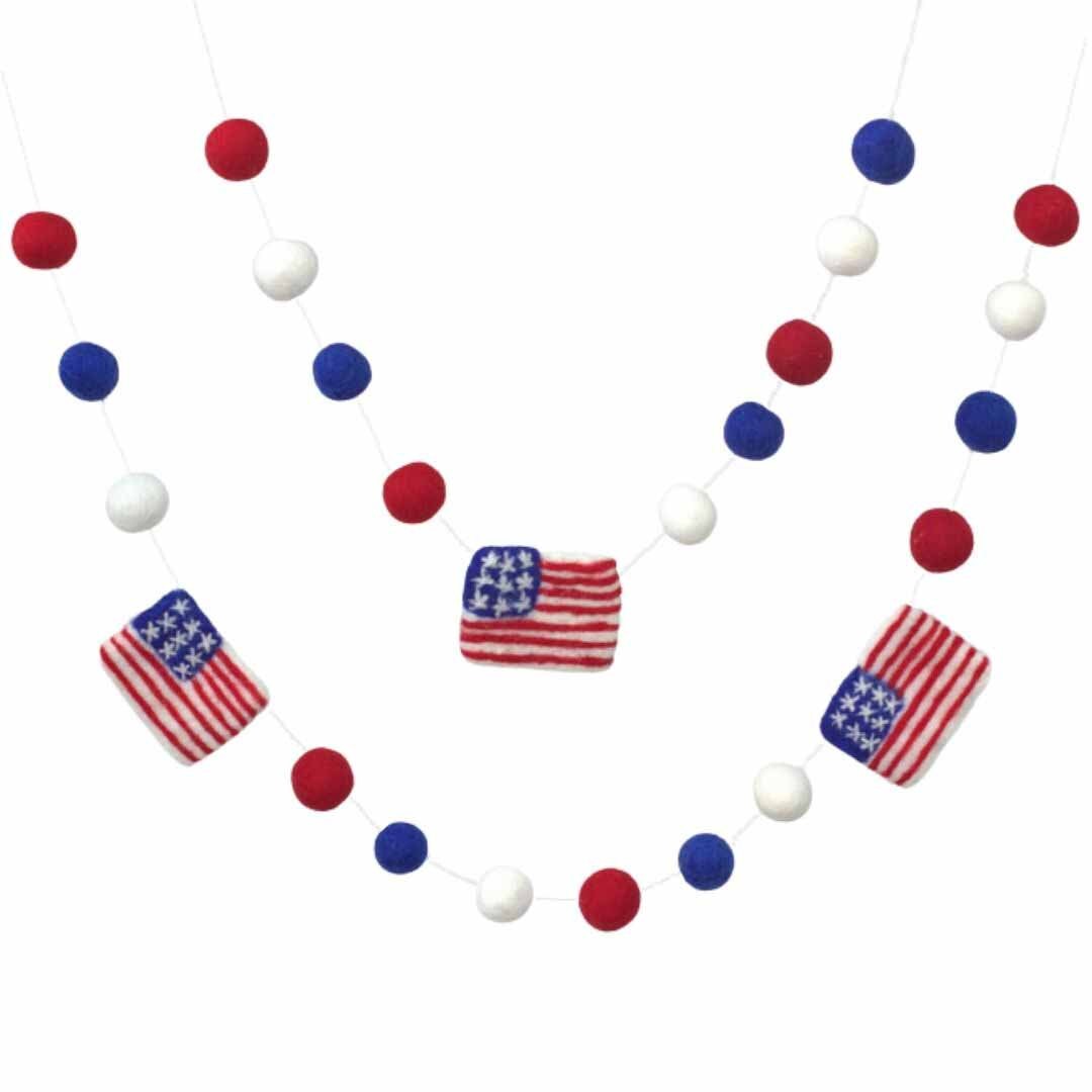 American Flag Garland- 1" Felt Balls, 2.5" Flags- Red White Blue ...