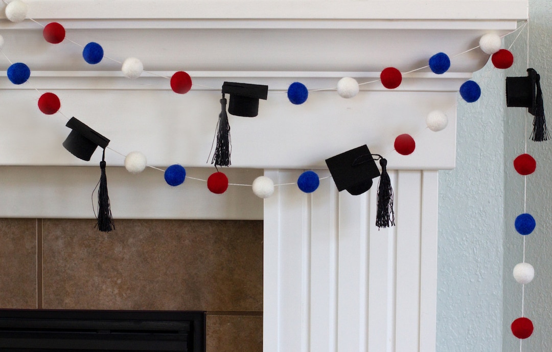 Graduation Cap Felt Garland- 1" Felt Balls, 2" Wide Caps- Red Blue ...