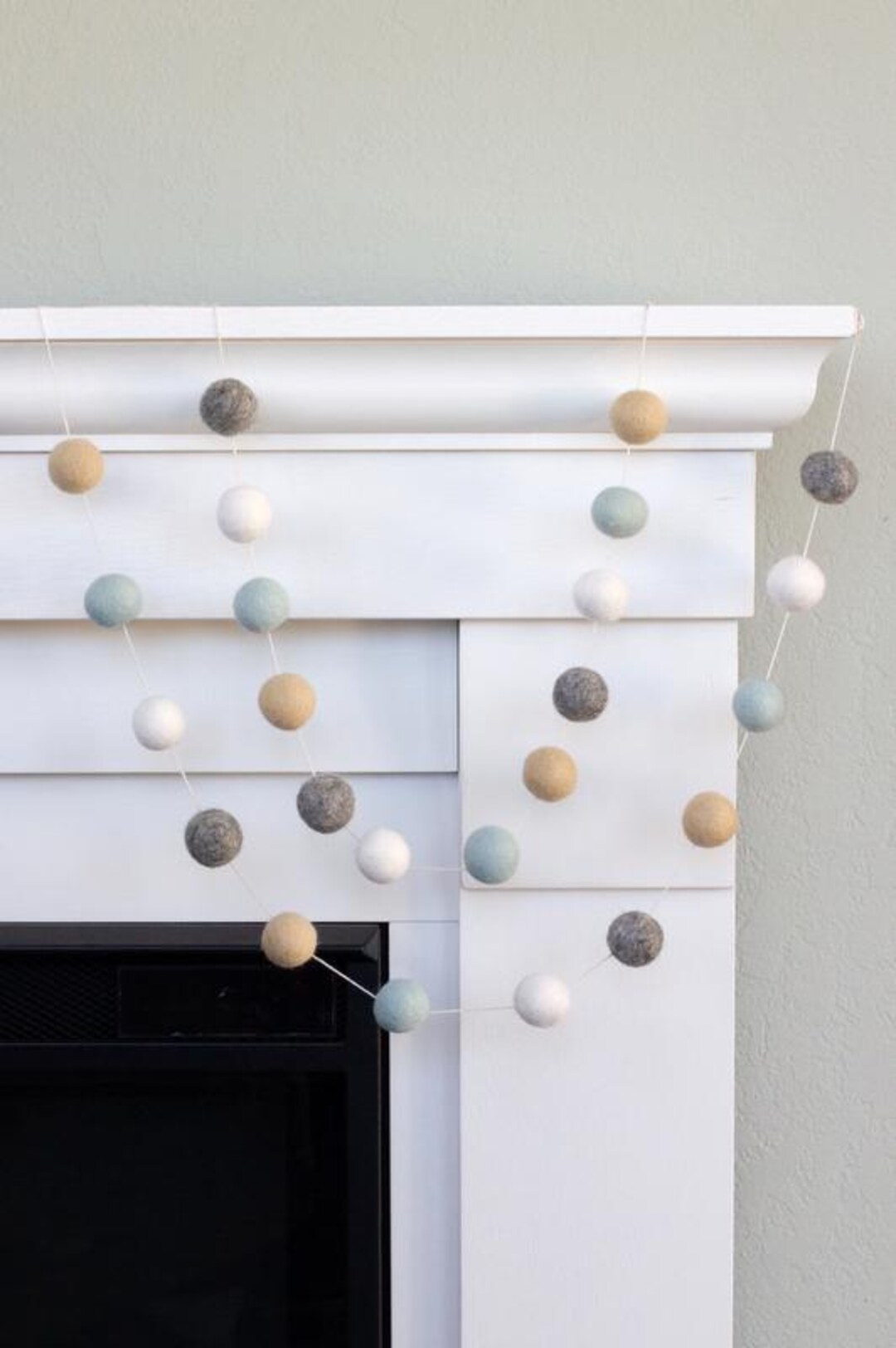 Felt Ball Garland Home Decor- Blue, Gray, Almond White- Mantel Banner ...