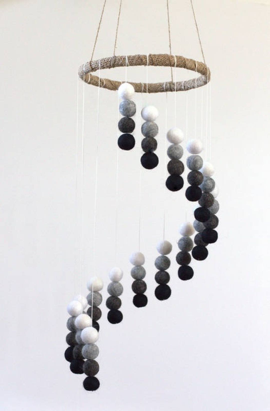 Black Spiral Felt Ball Mobile Decor- Neutral Nursery- Black, Charcoal ...