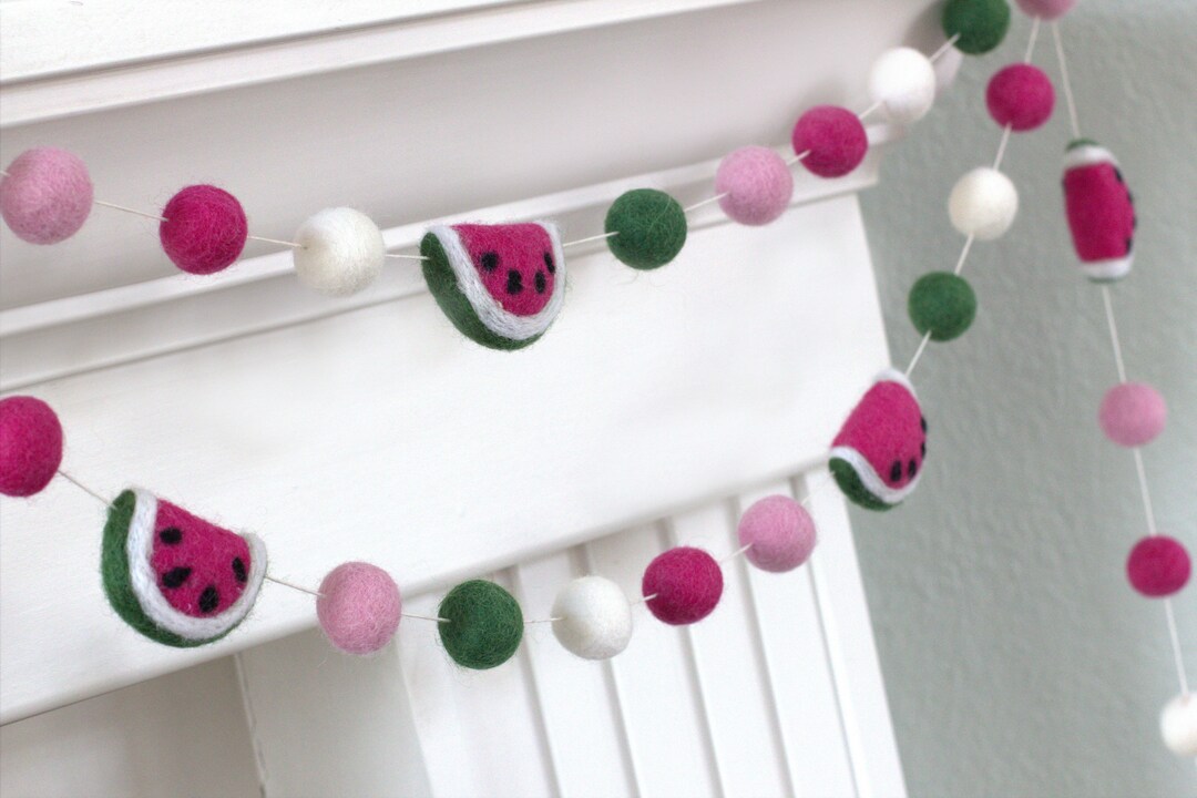 Watermelon Home Decor Garland- 1" Felt Balls, 2" Watermelon- Pinks ...