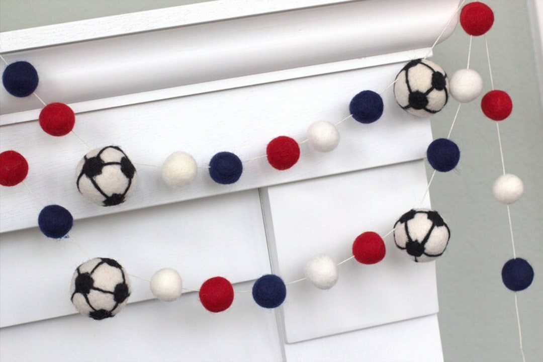 Soccer Garland Decor- 1" Felt Balls 1.75" Soccer Balls- Navy Blue, Red ...