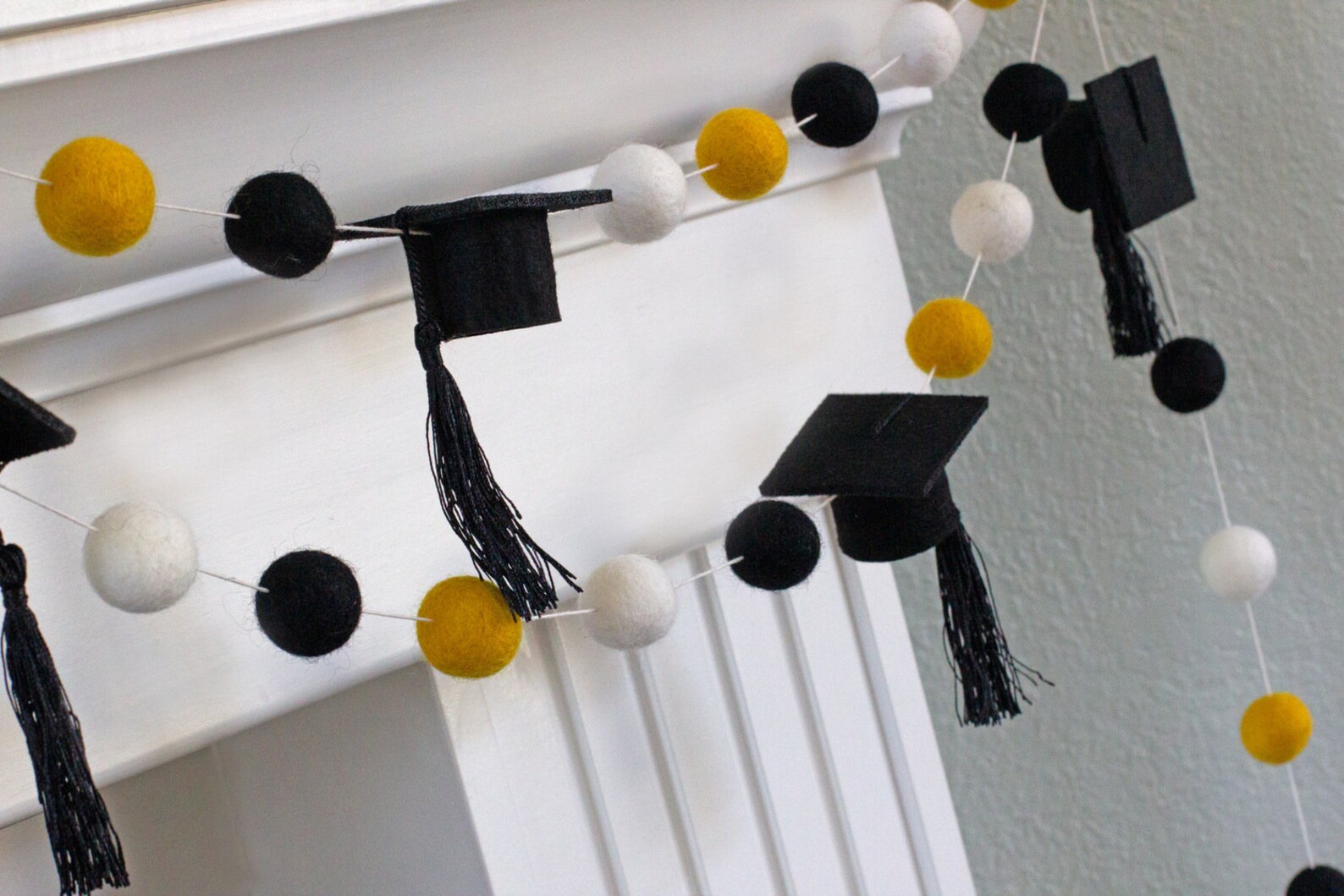 Graduation Hat Felt Ball Garland Black Gold White With BLACK - Etsy