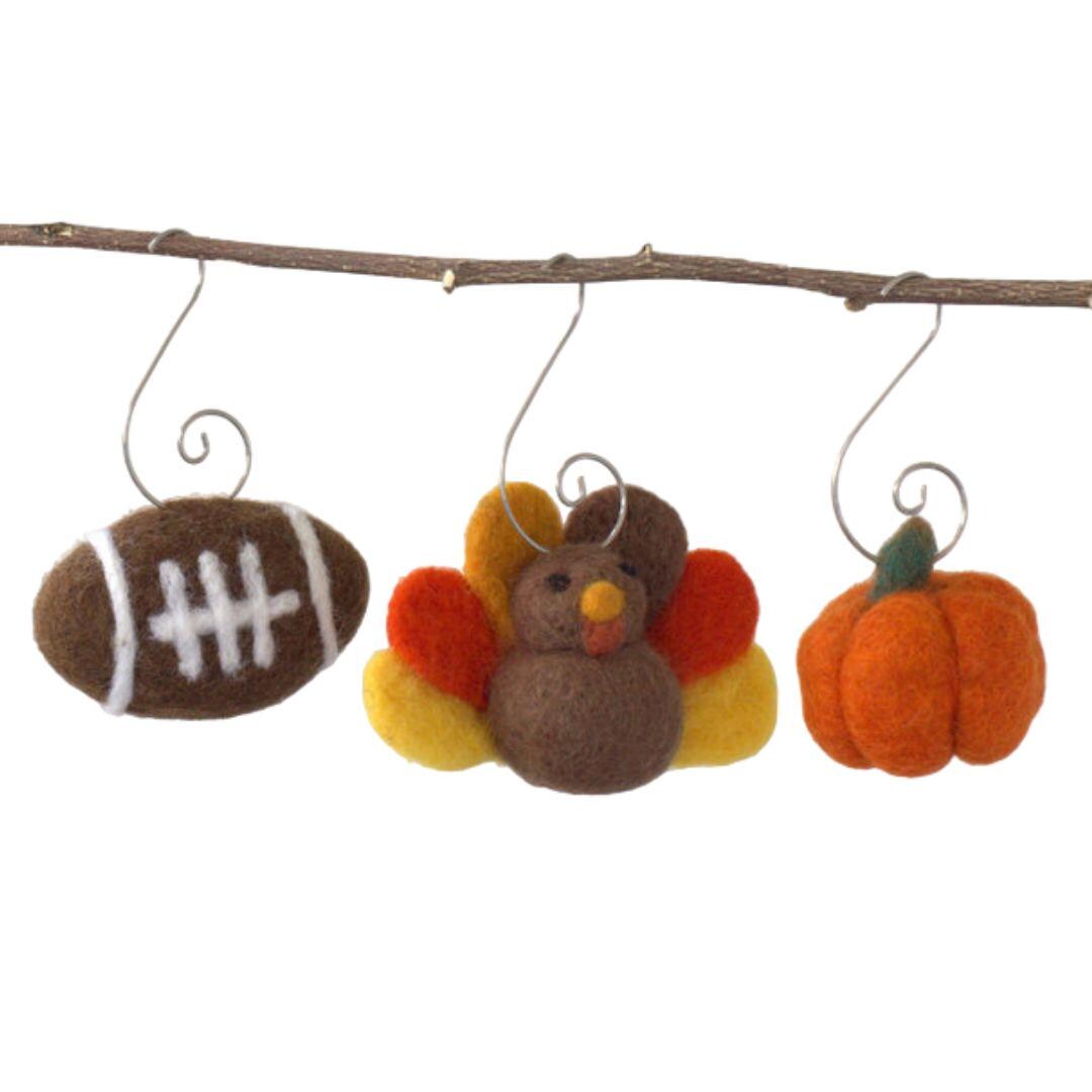 Thanksgiving Fall Ornaments Turkey, Football Pumpkin SET OF 3 Autumn ...