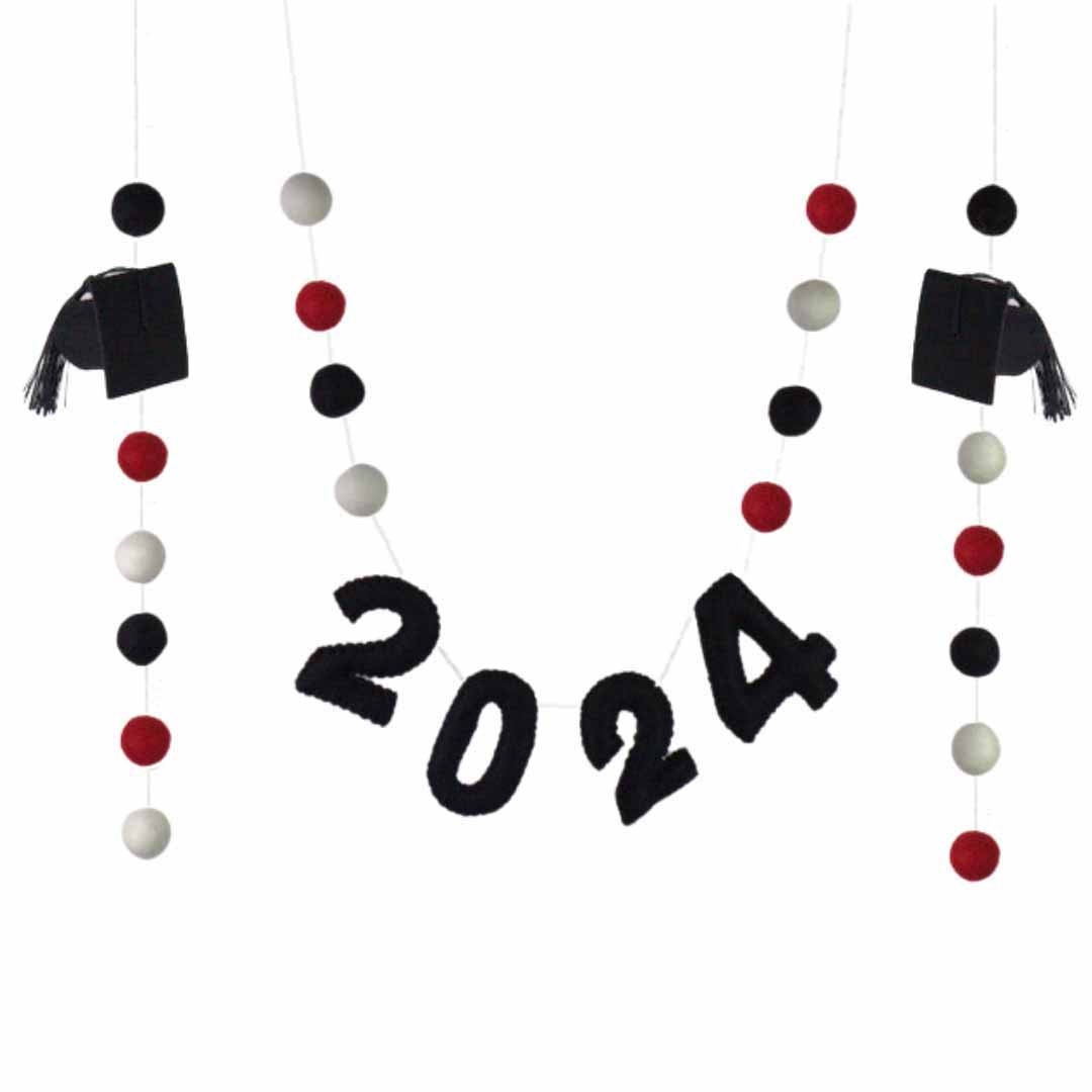 2024 Graduation Garland Felt Balls & Mortar Board Caps Red Black White ...