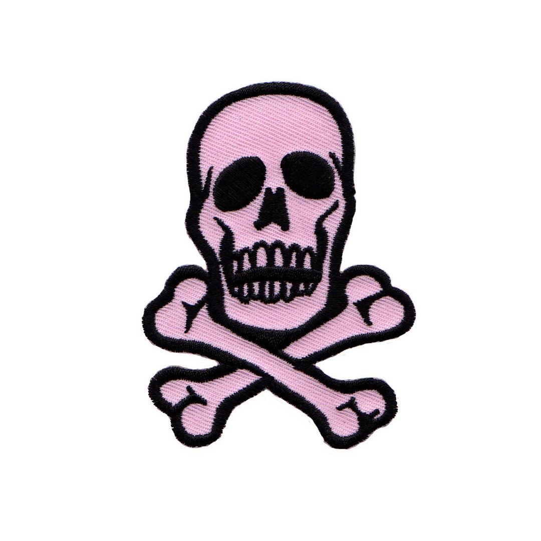 Skull Crossbones Patch 2 3/4" Black on Pink Biker Embroidered Iron on ...