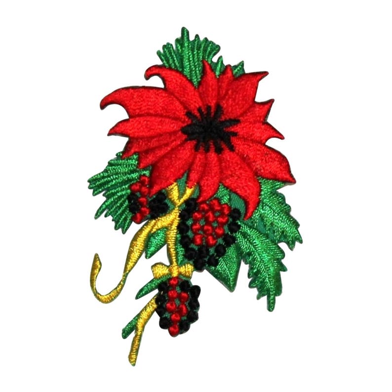 ID 8191A Poinsettia Flower Patch Christmas Holly Embroidered Iron on ...