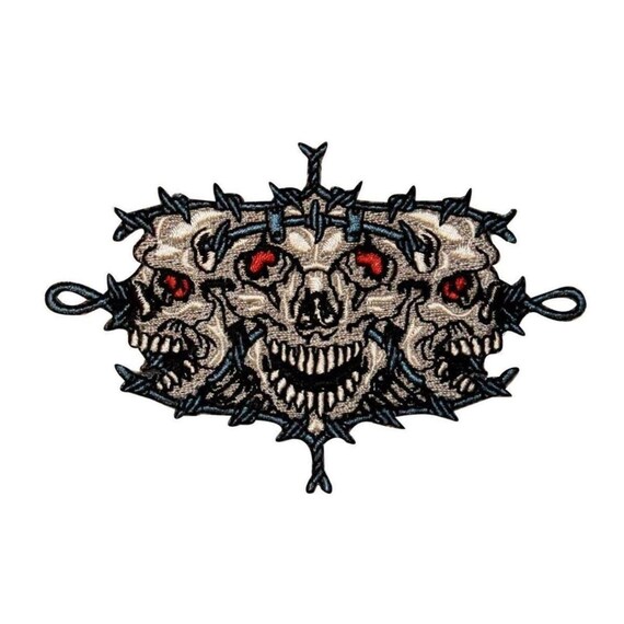 Tri Skulls Barb Wire Patch Biker Face Bones Death Embroidered | Etsy