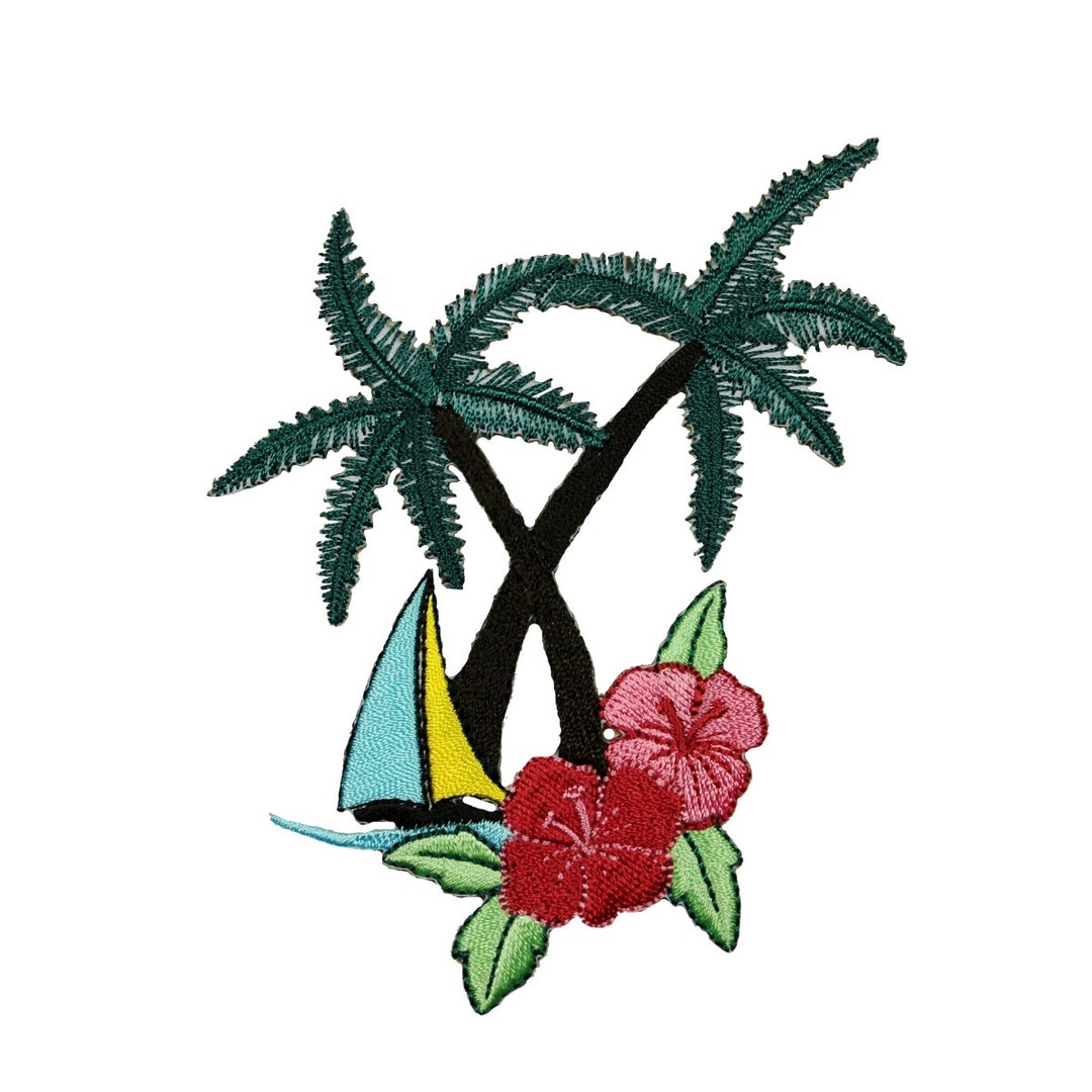 ID 1756 Palm Tree Tropical Beach Scene Embroidered Iron on Applique ...