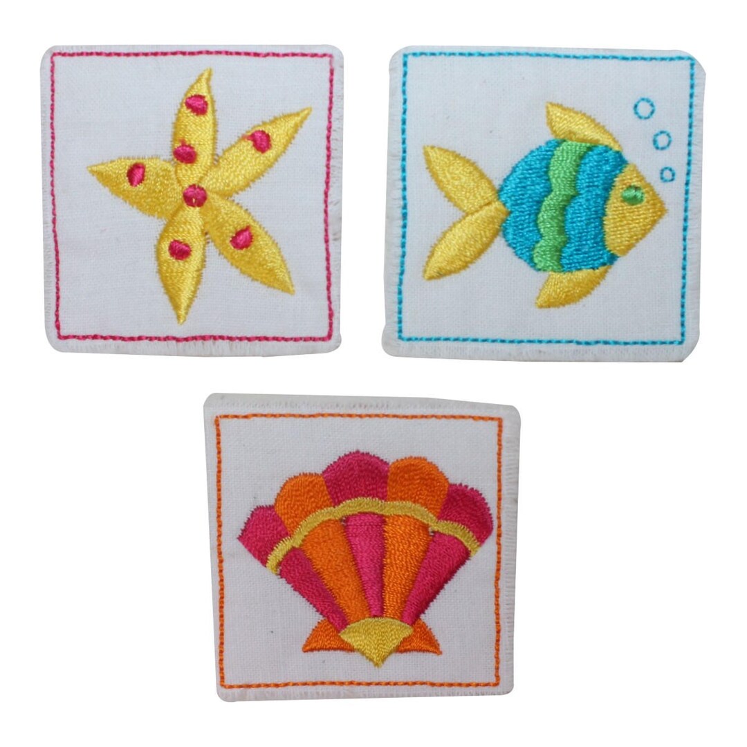 ID 1713ABC Set of 3 Ocean Scene Patches Shell Fish Starfish Iron on ...