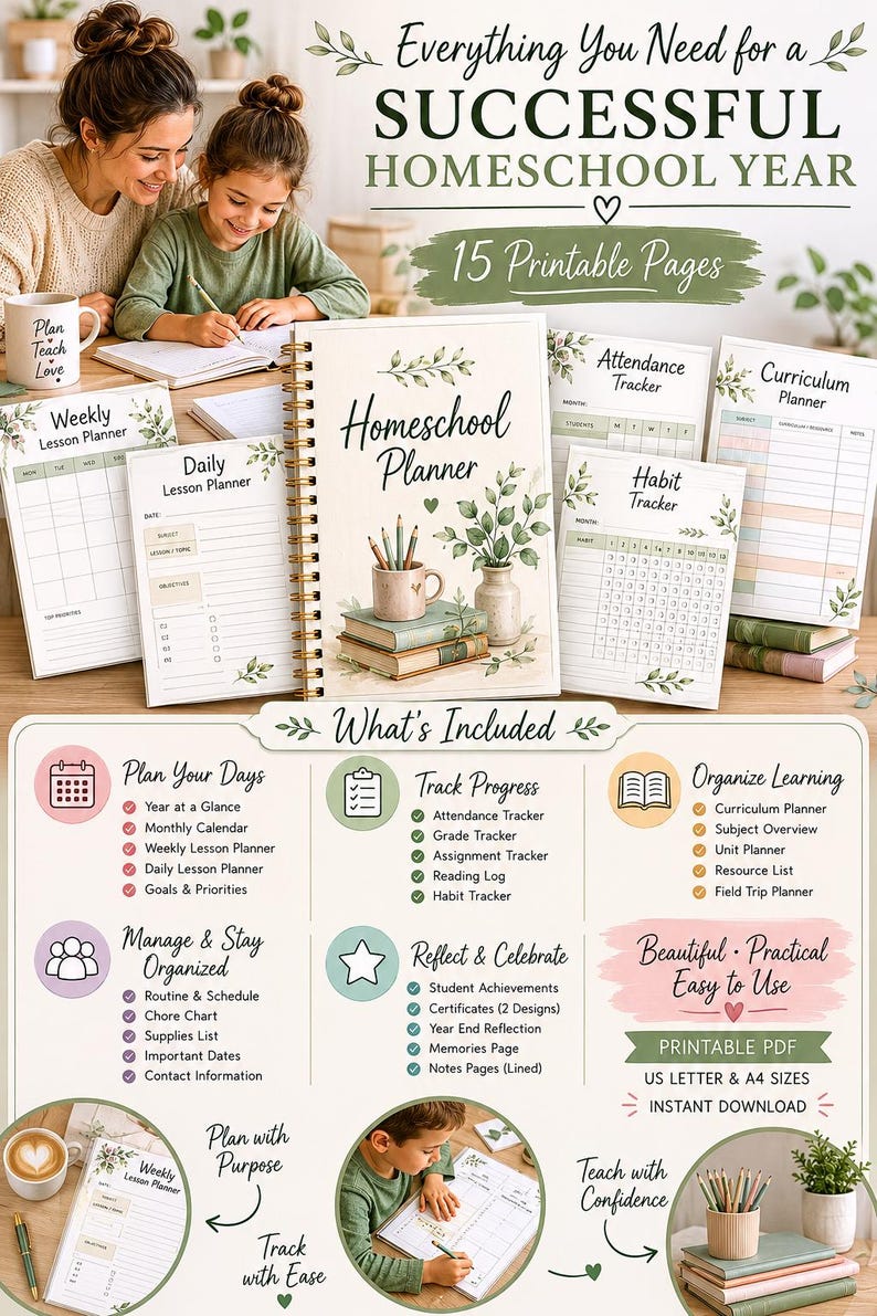 Homeschool Planner Bundle | Lesson, Attendance, Curriculum (instant ...