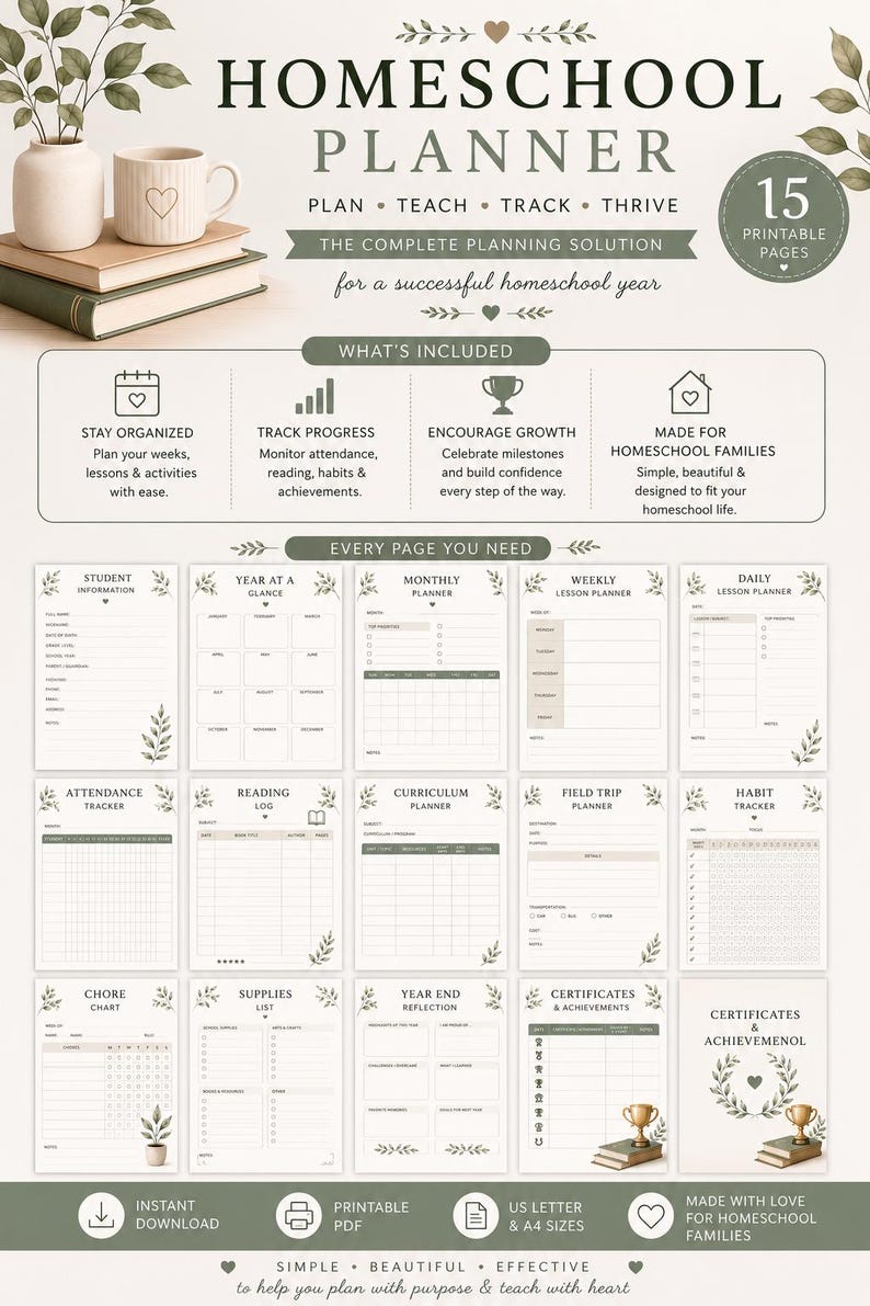 Homeschool Planner Bundle | Lesson, Attendance, Curriculum (instant ...