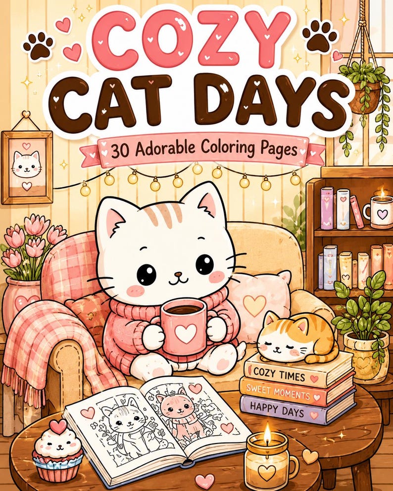 Cozy Cats Days Coloring Book | 30 Relaxing Pages for Adults, Teens ...