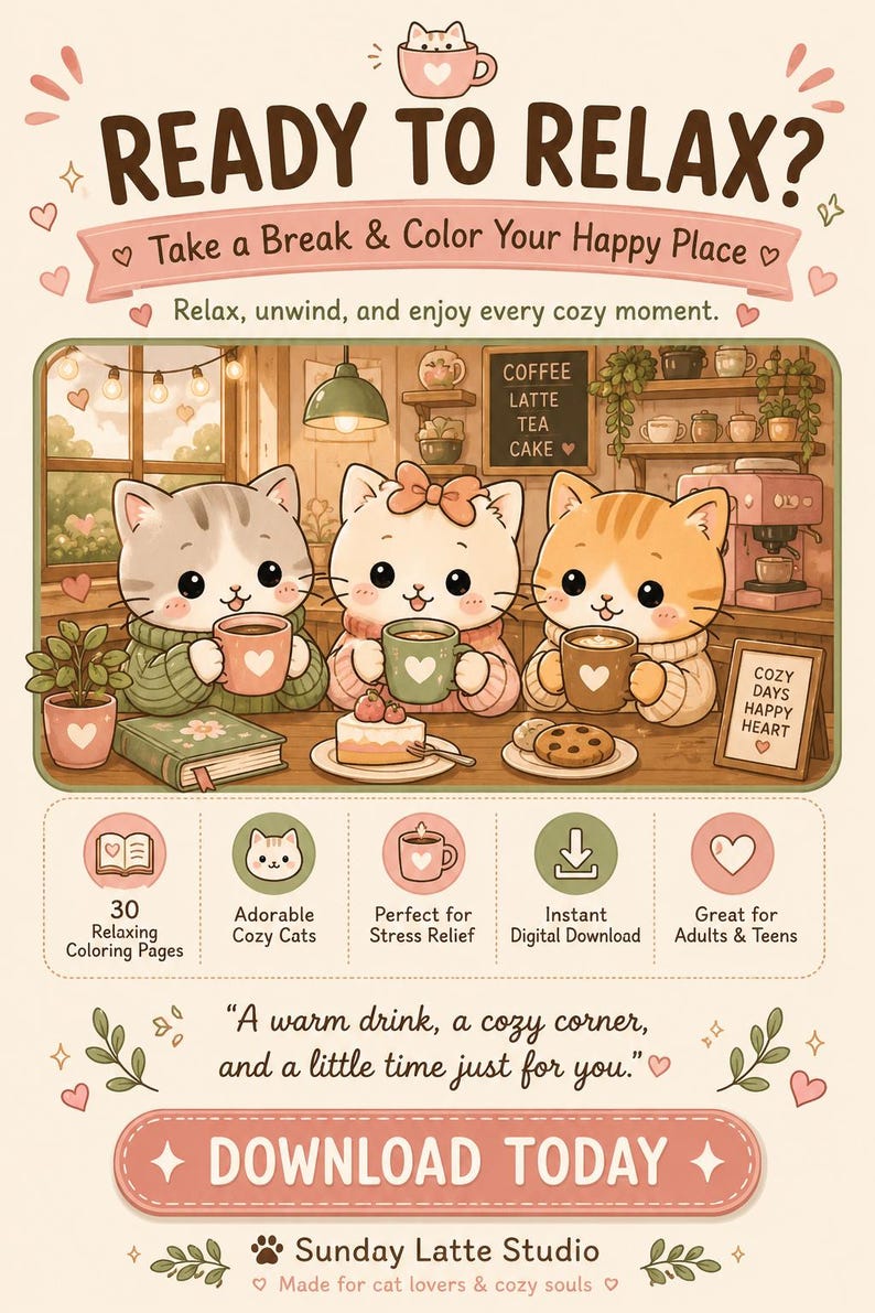 Cozy Cats Days Coloring Book | 30 Relaxing Pages for Adults, Teens ...